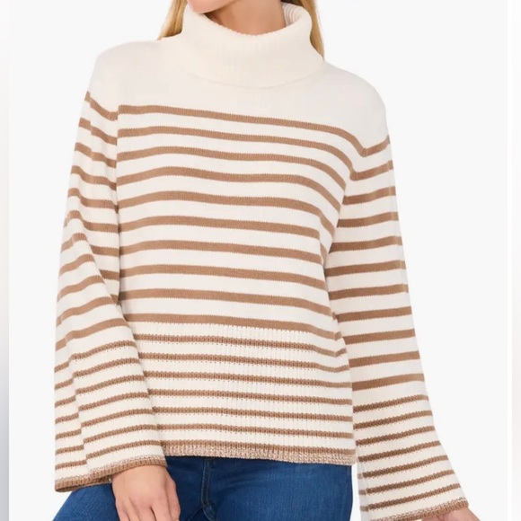 CeCe | Sweaters | Stripe Bell Sleeve Turtleneck Sweater Tan And Ivory ...